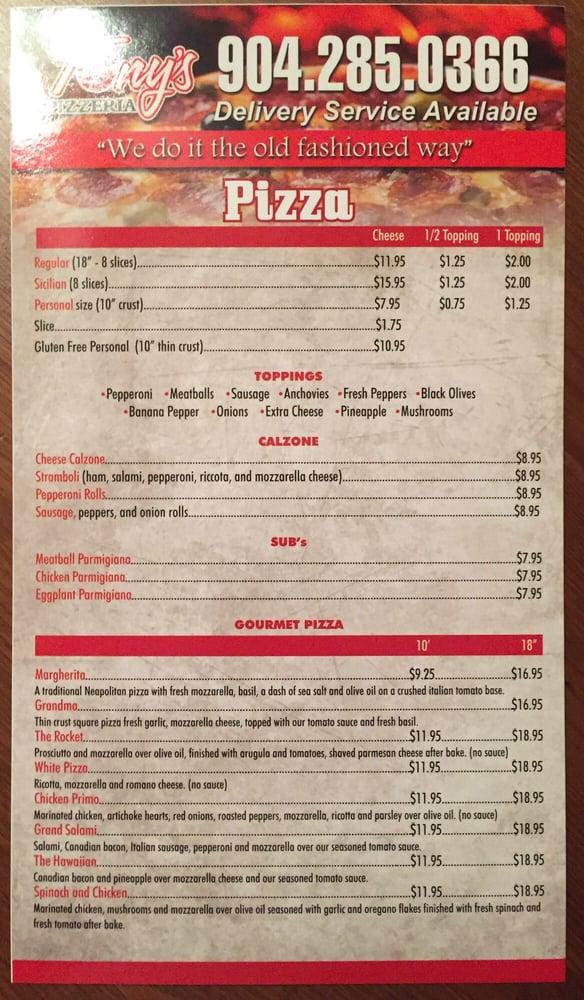 Menu at Tony's Pizza pizzeria, Ponte Vedra Beach, 302 Solana Rd #103
