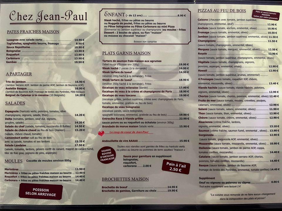 Menu au Chez Jean Paul pizzeria, Mimizan