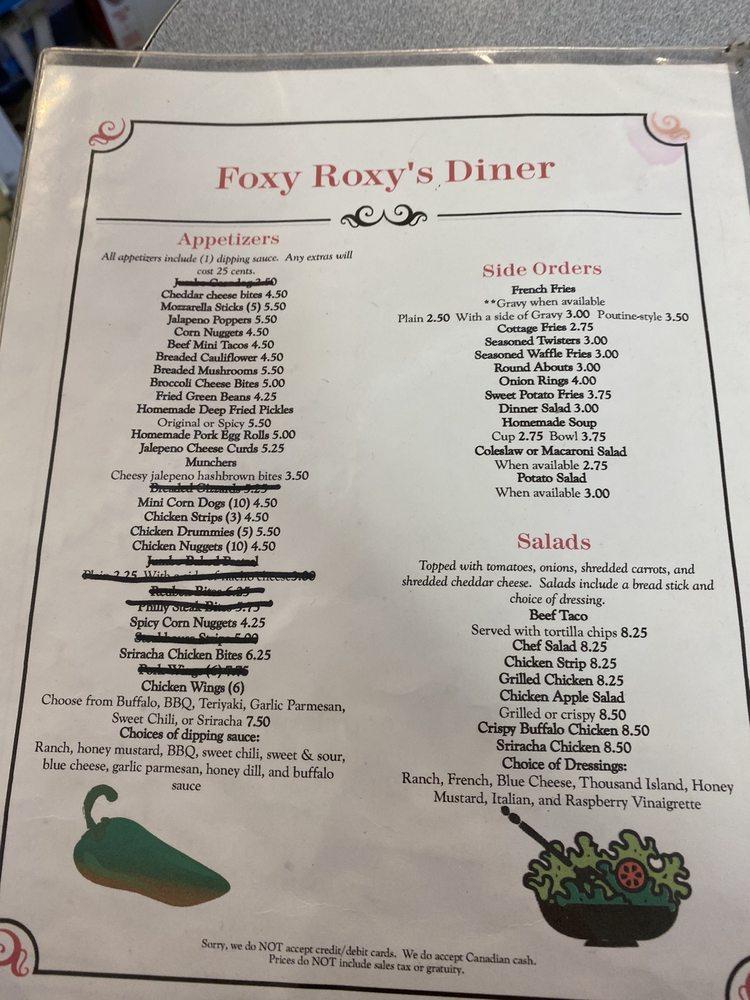 Menu at Foxy Roxy's Diner restaurant, Lancaster