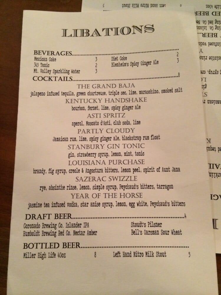 Menu at Stanbury restaurant, Raleigh