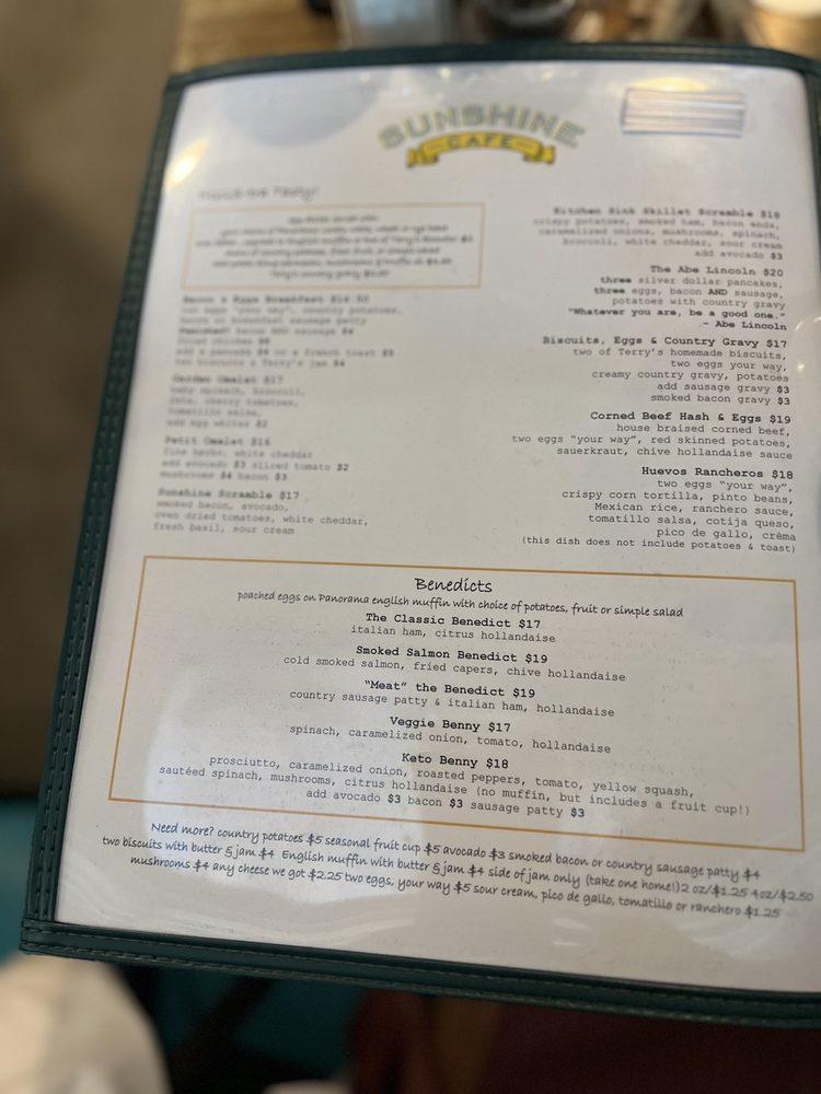 Menu at Sunshine Cafe, Napa
