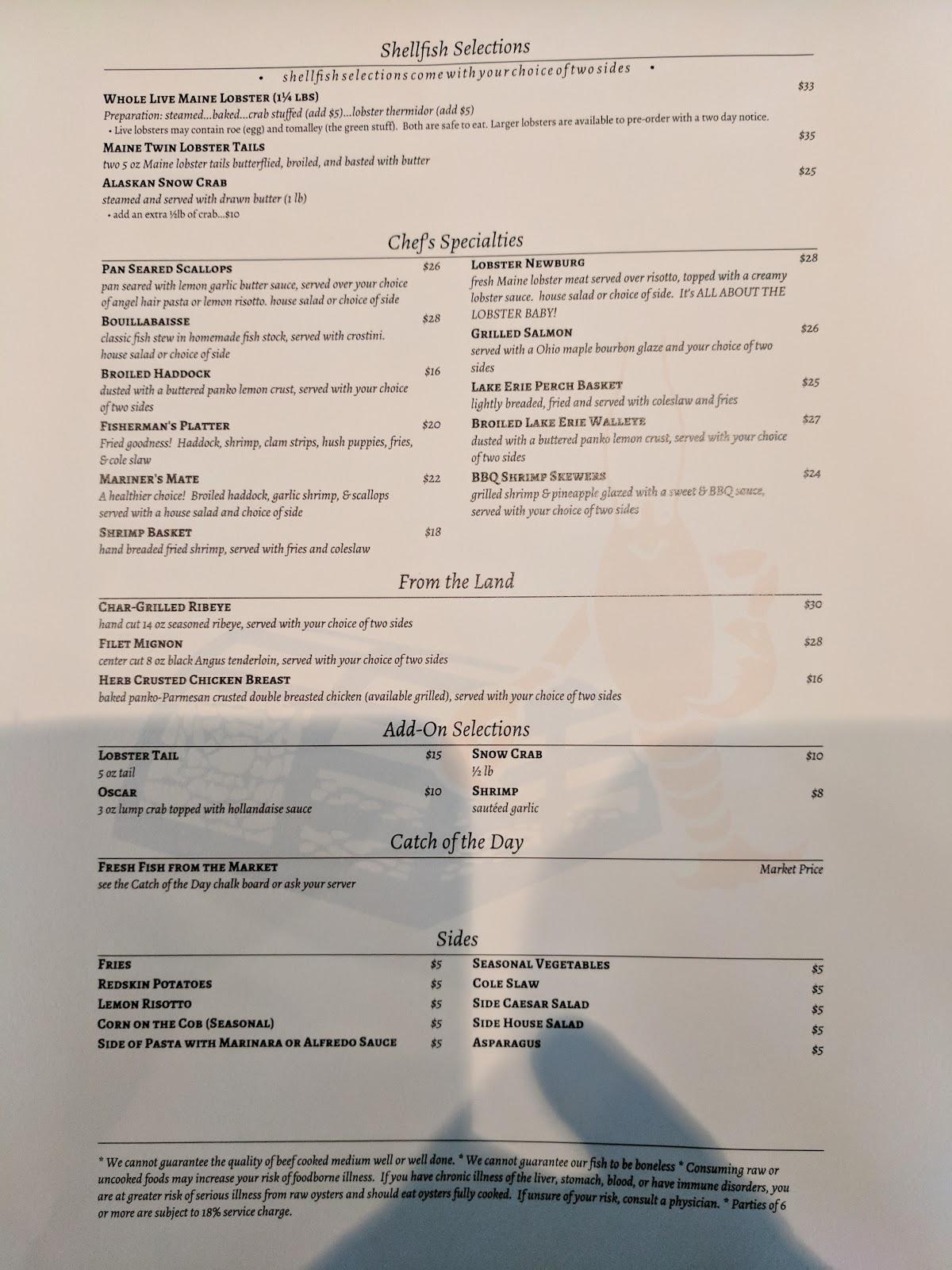 Menu at The Lobster Pot restaurant, Willoughby Hills