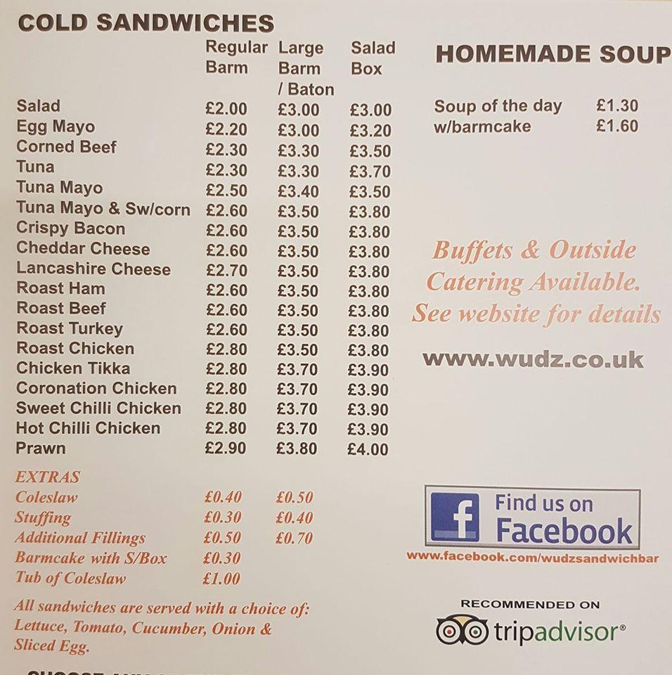 Menu at Wudz Sandwich Bar, Fleetwood