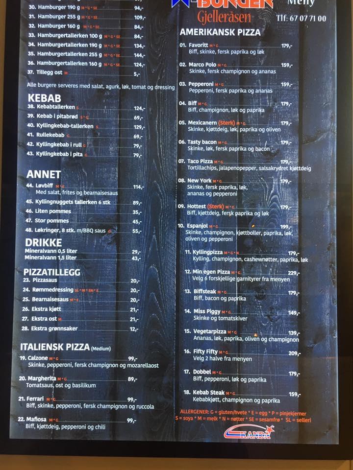 Menu at X Burger restaurant, Oslo, brådalsstubben 1-3