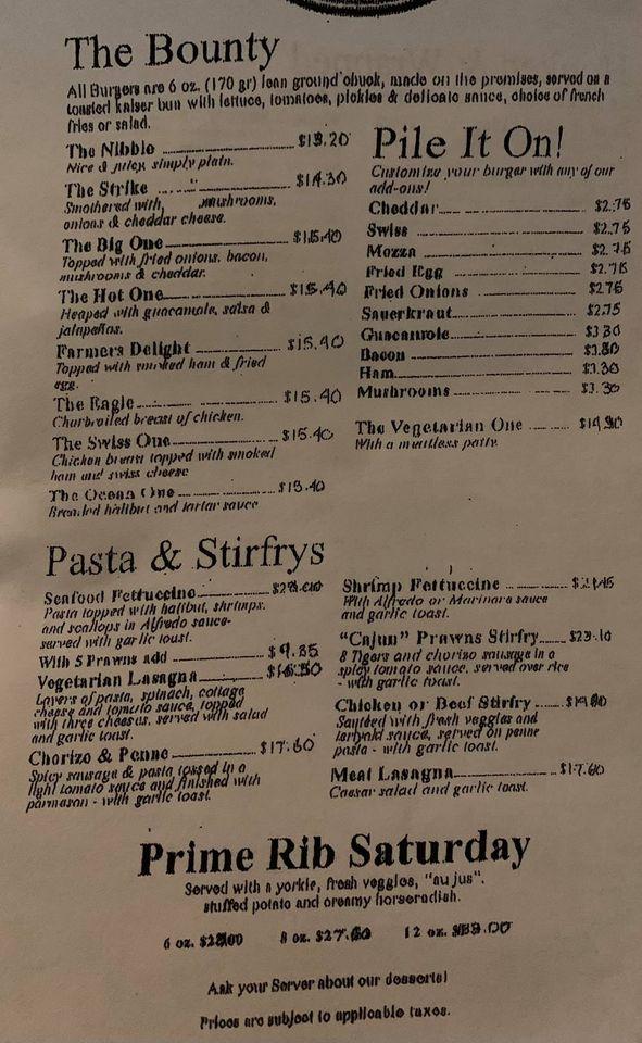 Menu at Back Eddy Pub, Terrace