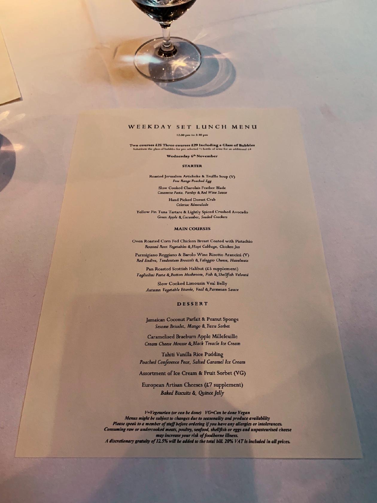 Menu at Clos Maggiore restaurant, London