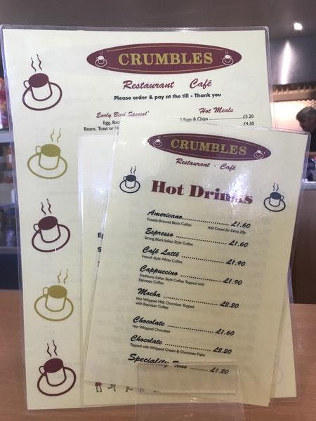 Menu at Crumbles cafe, Poole