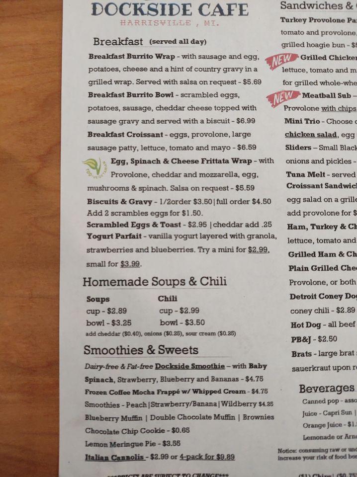 Menu at Dockside Cafe, Harrisville