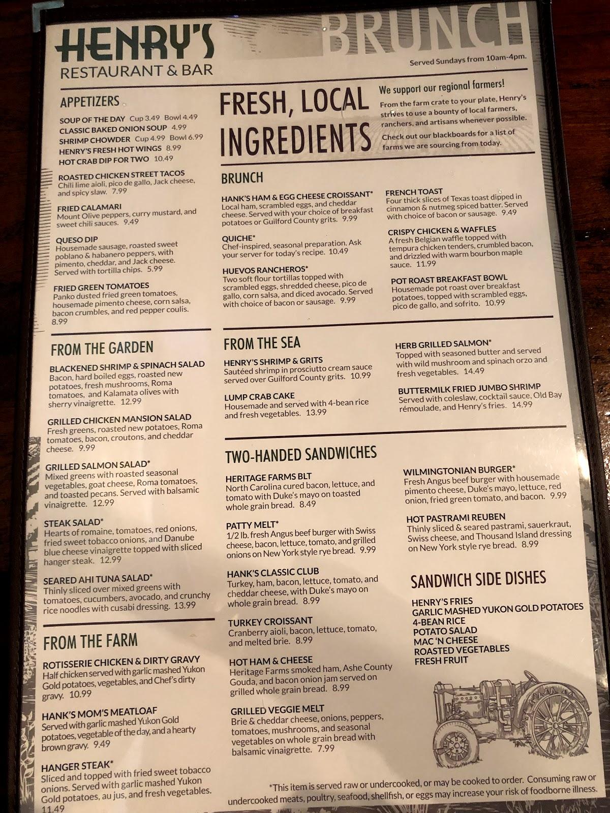 Menu at Henry's restaurant, Wilmington, Independence Blvd