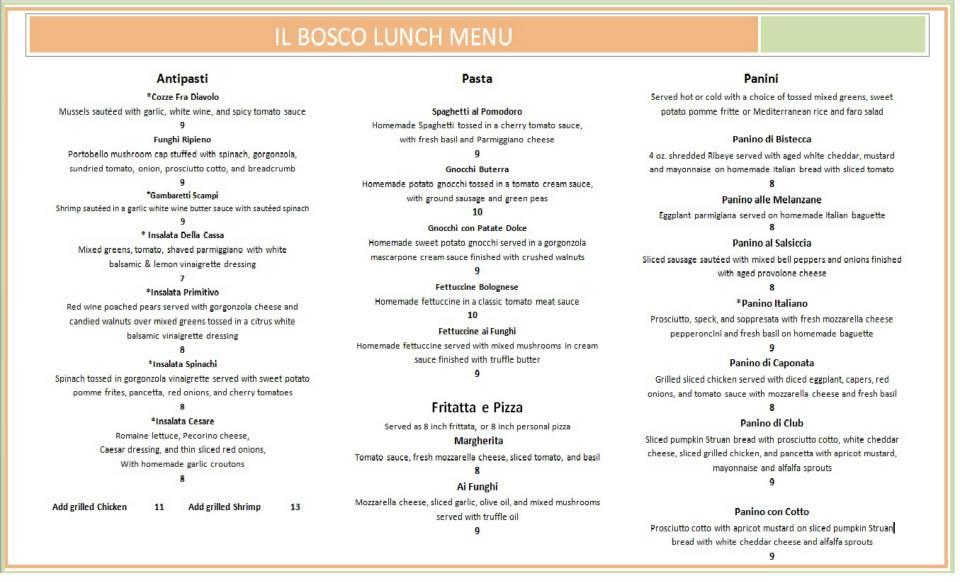 Menu at Il Bosco restaurant, Davidson
