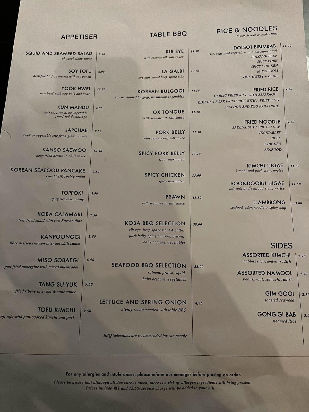 Menu at KOBA restaurant, London