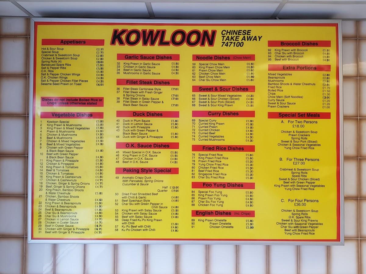 Menu at Kowloon Chinese Takeaway restaurant, Preston