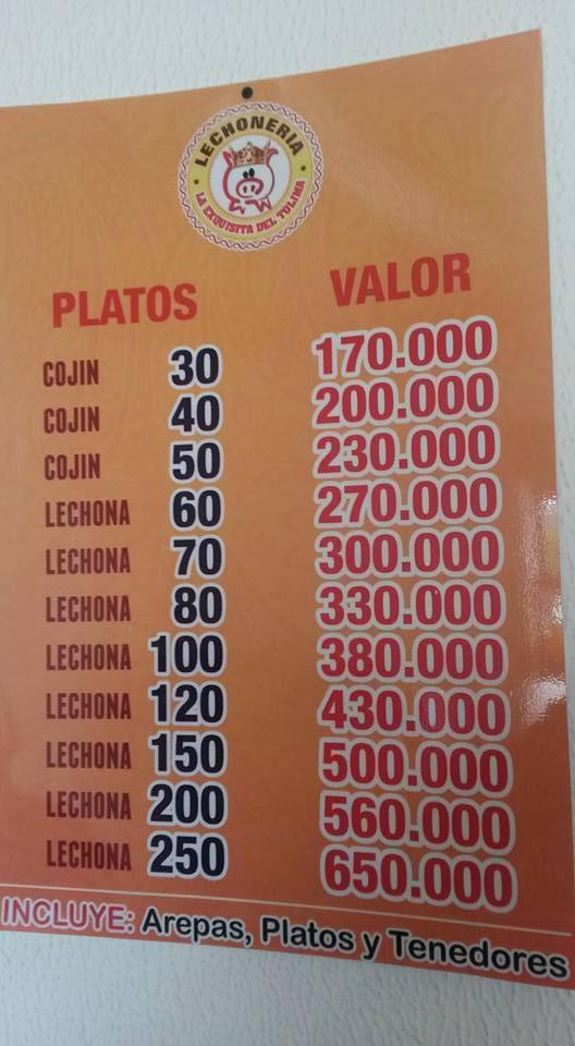 Menu at Lechoneria la delicia tolimense restaurant, Yumbo