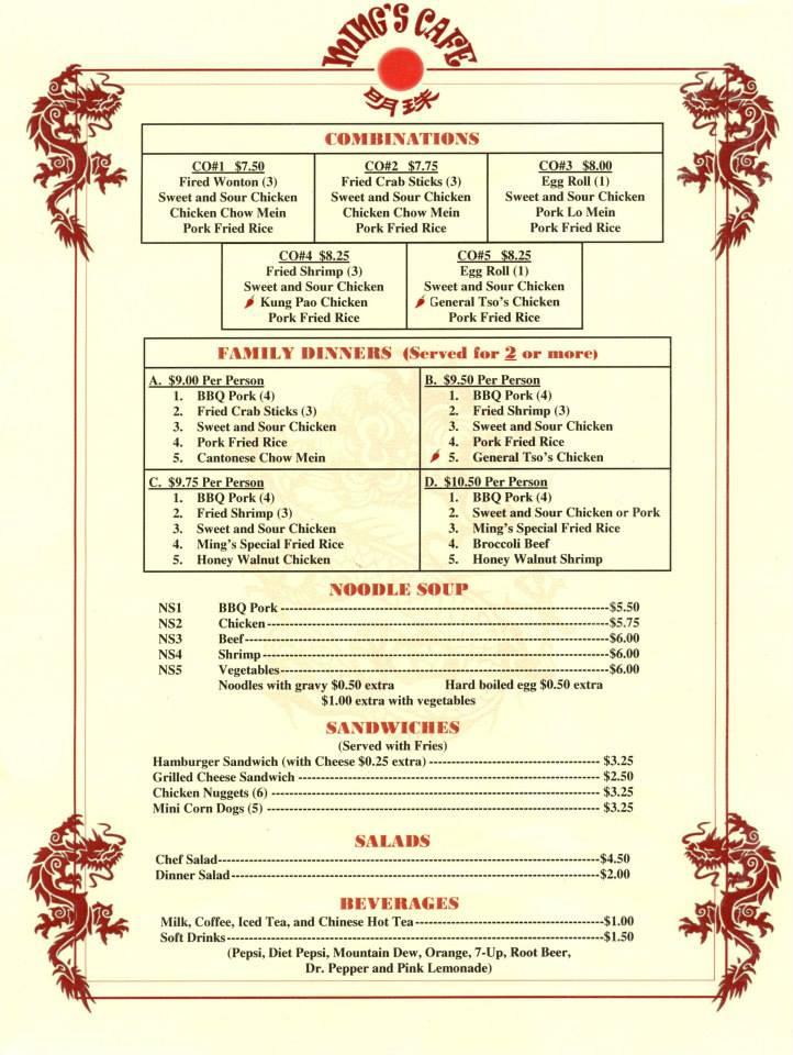 Menu at Ming's Cafe, Pocatello