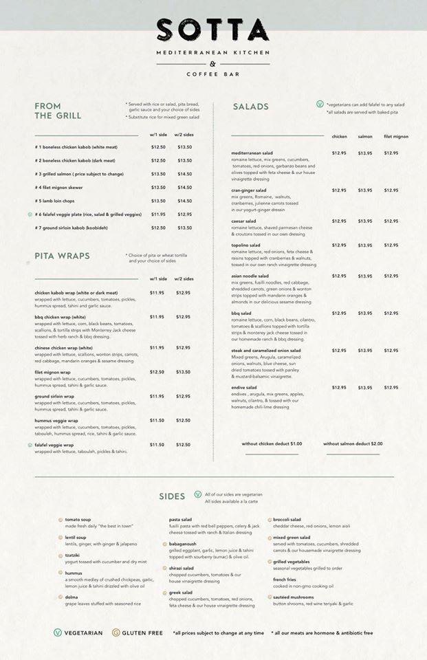 Menu at Sotta restaurant, Burbank