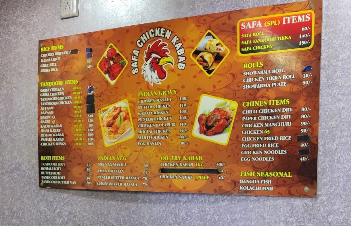 Menu at Safa chicken kabab, Bengaluru