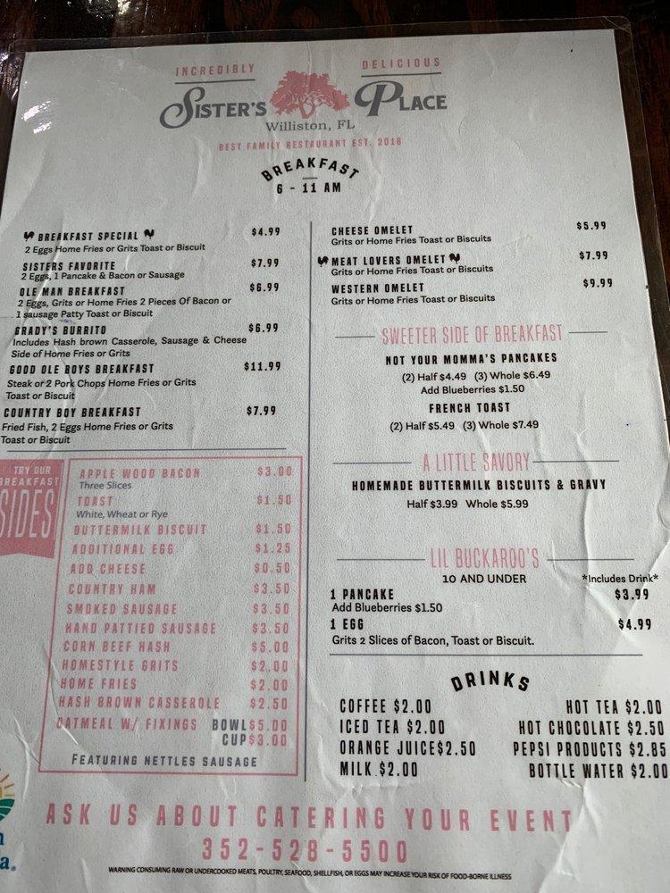 Menu at Sister's Place restaurant, Williston