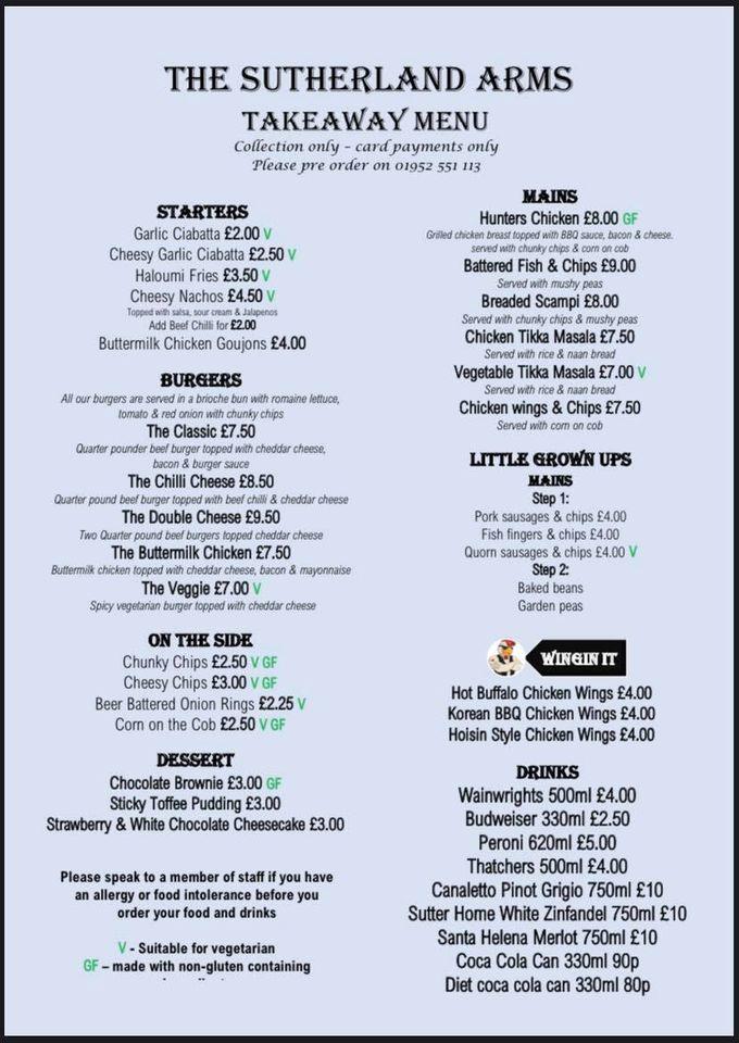 Menu at Sutherland Arms pub & bar, England, Tibberton