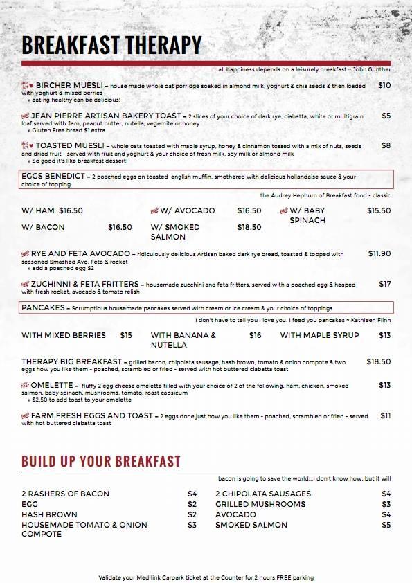 Carta de Therapy Cafe, Douglas, Medi-Link Retail Centre