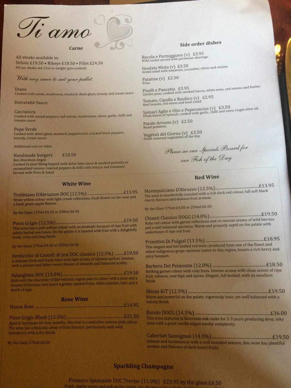 Menu at Ti Amo restaurant, Sheffield