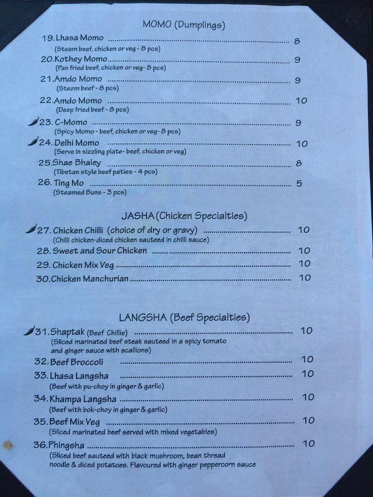 Menu at Tibet Kitchen restaurant, Toronto