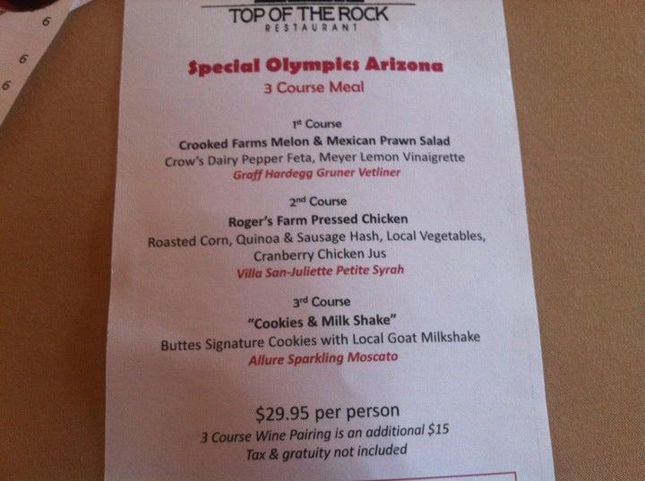 Menu at Top of the Rock Restaurant, Tempe