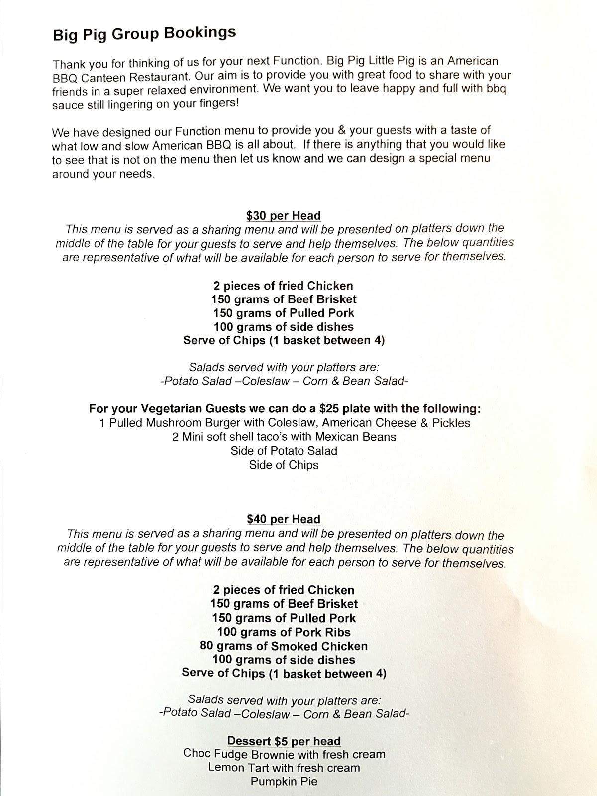 Menu at Big Pig Canteen pub & bar, Moorabbin