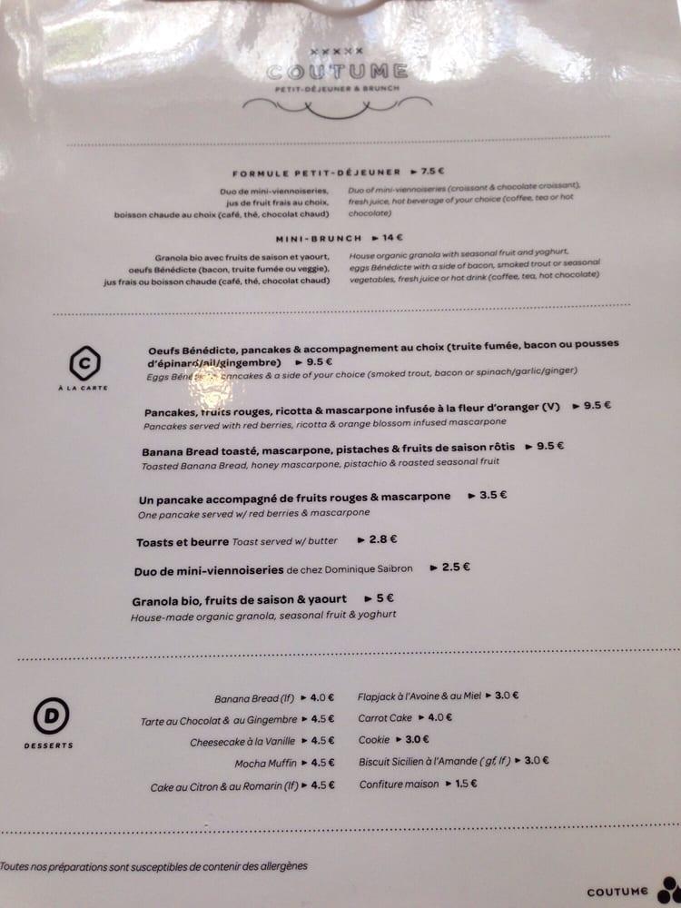 Menu at Coutume cafe, Paris, 47 Rue de Babylone