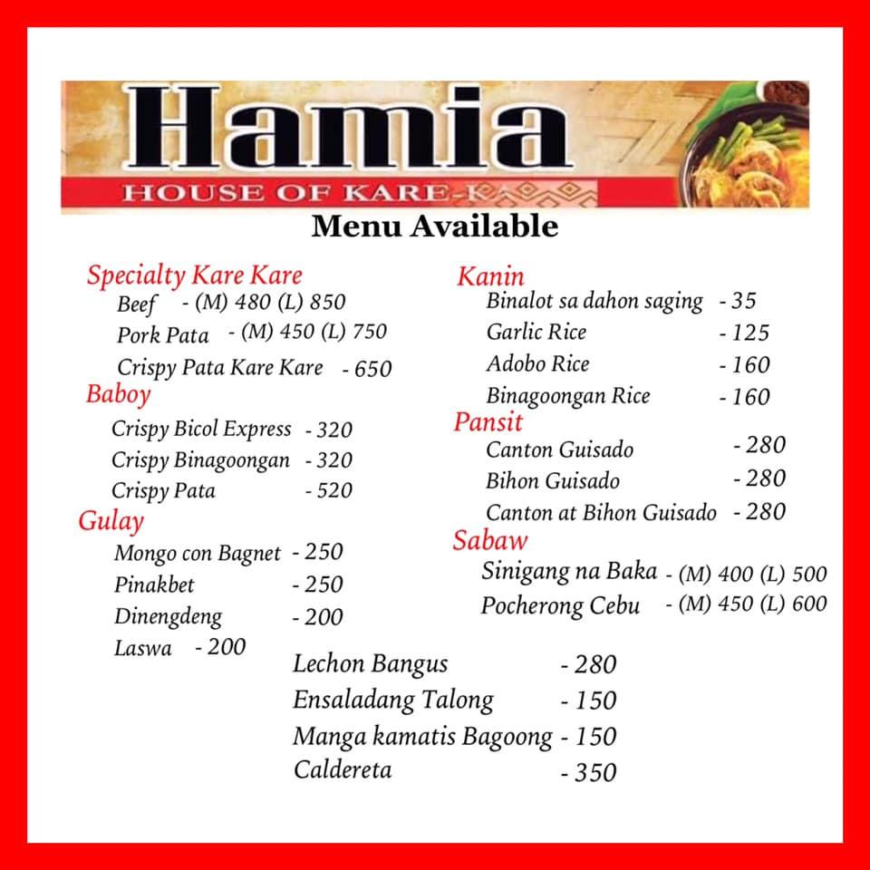 Menu at Hamia House Of Kare-kare restaurant, Quezon City, P2GX+C9M