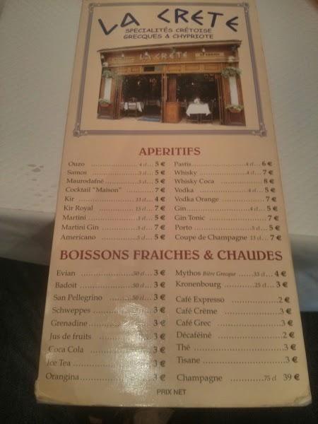Menu au La Crète restaurant, Paris, 85 Rue Mouffetard