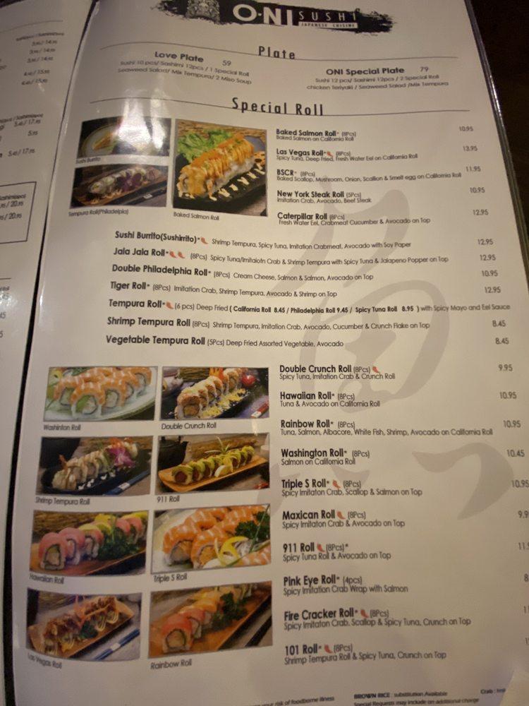 Menu at Oni sushi restaurant, Claremont