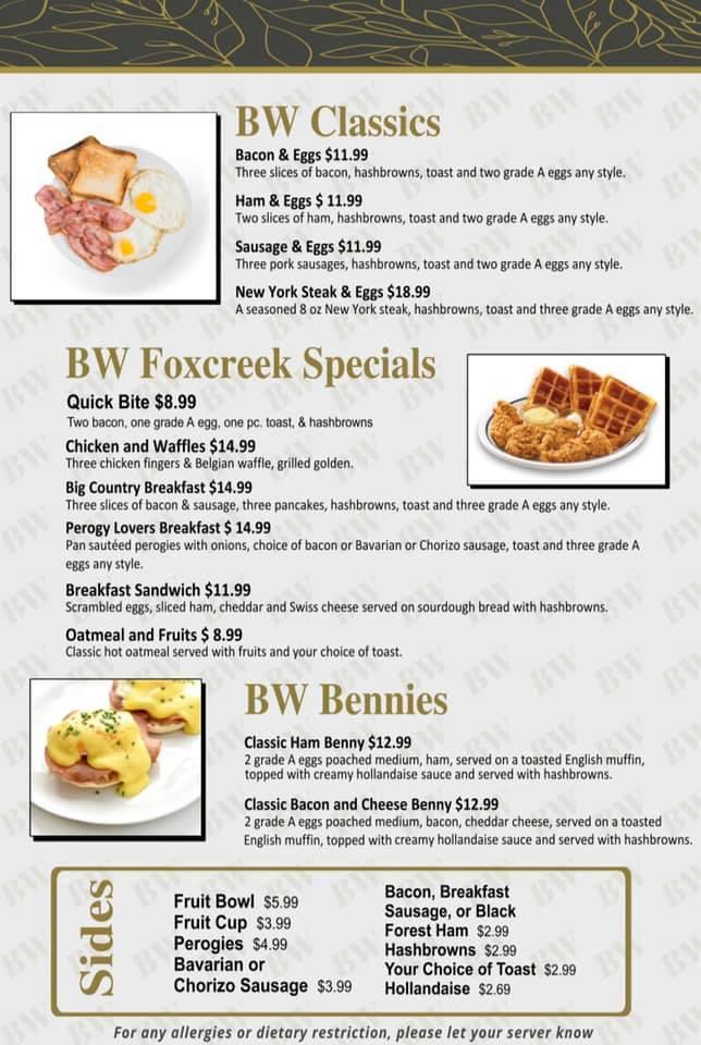 Menu at BW Lounge and Dining restaurant, Fox Creek