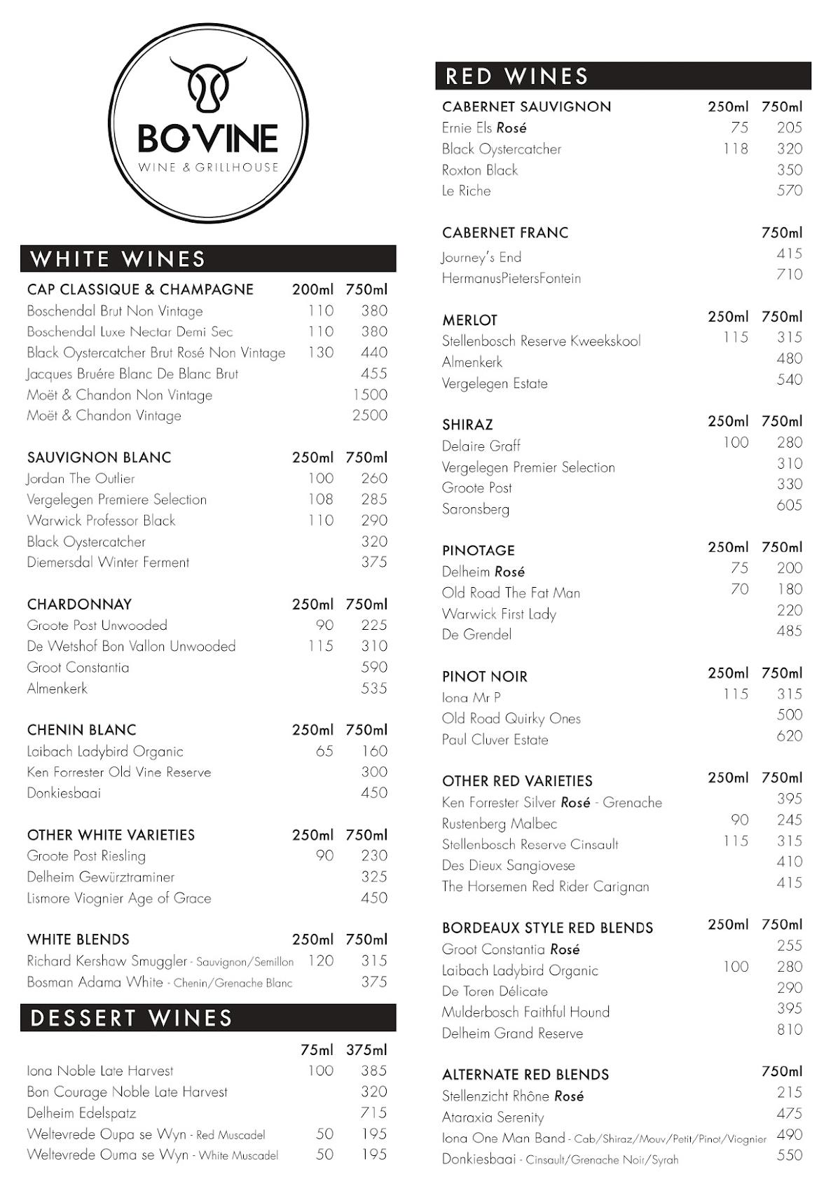 Speisekarte von Bo-Vine Wine & Grill House restaurant, Kapstadt