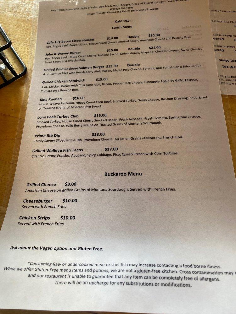 Menu at Cafe 191 Big Sky, Big Sky