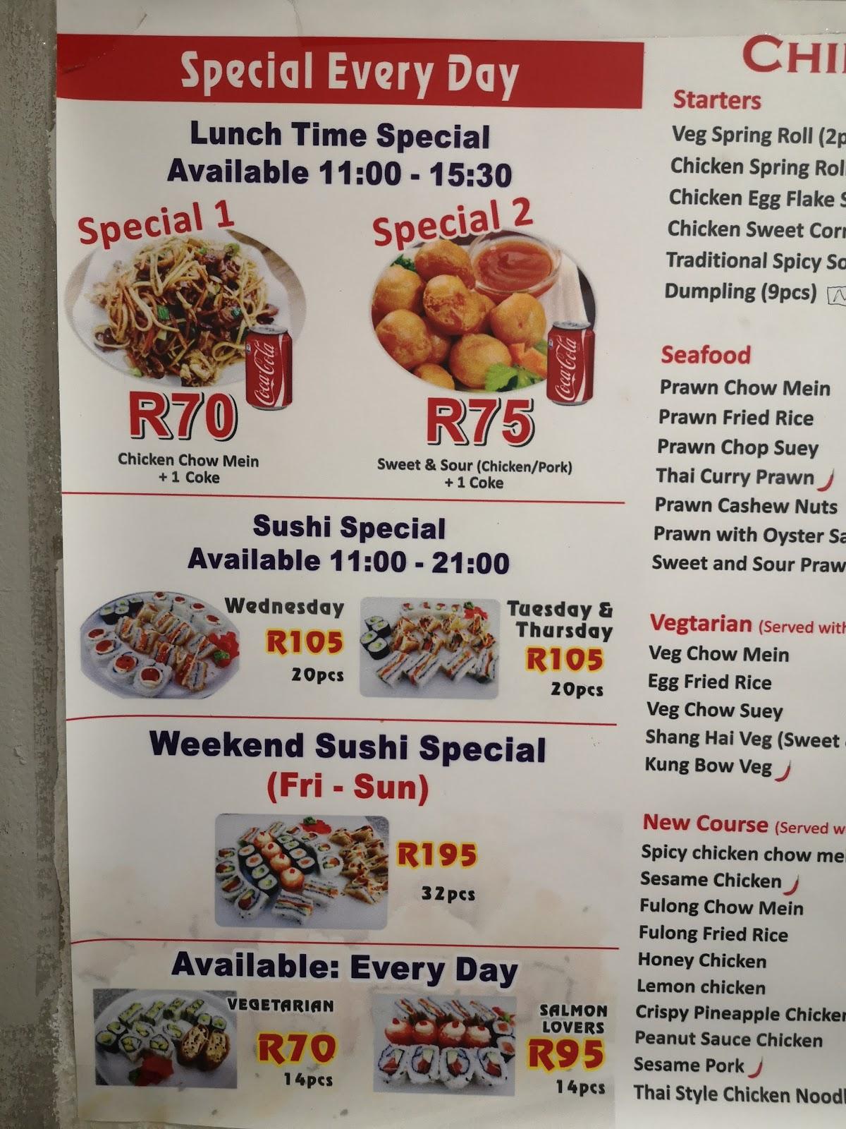 Menu at Chinese Fu Long restaurant, Stellenbosch, 28 Cluver Rd