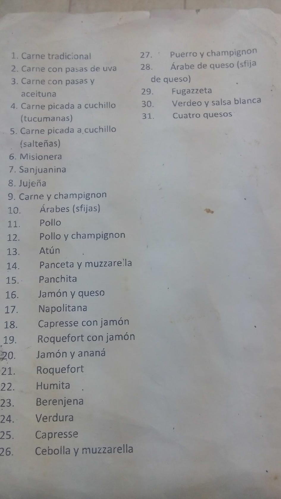 Menu at "Don Fernando", Argentina