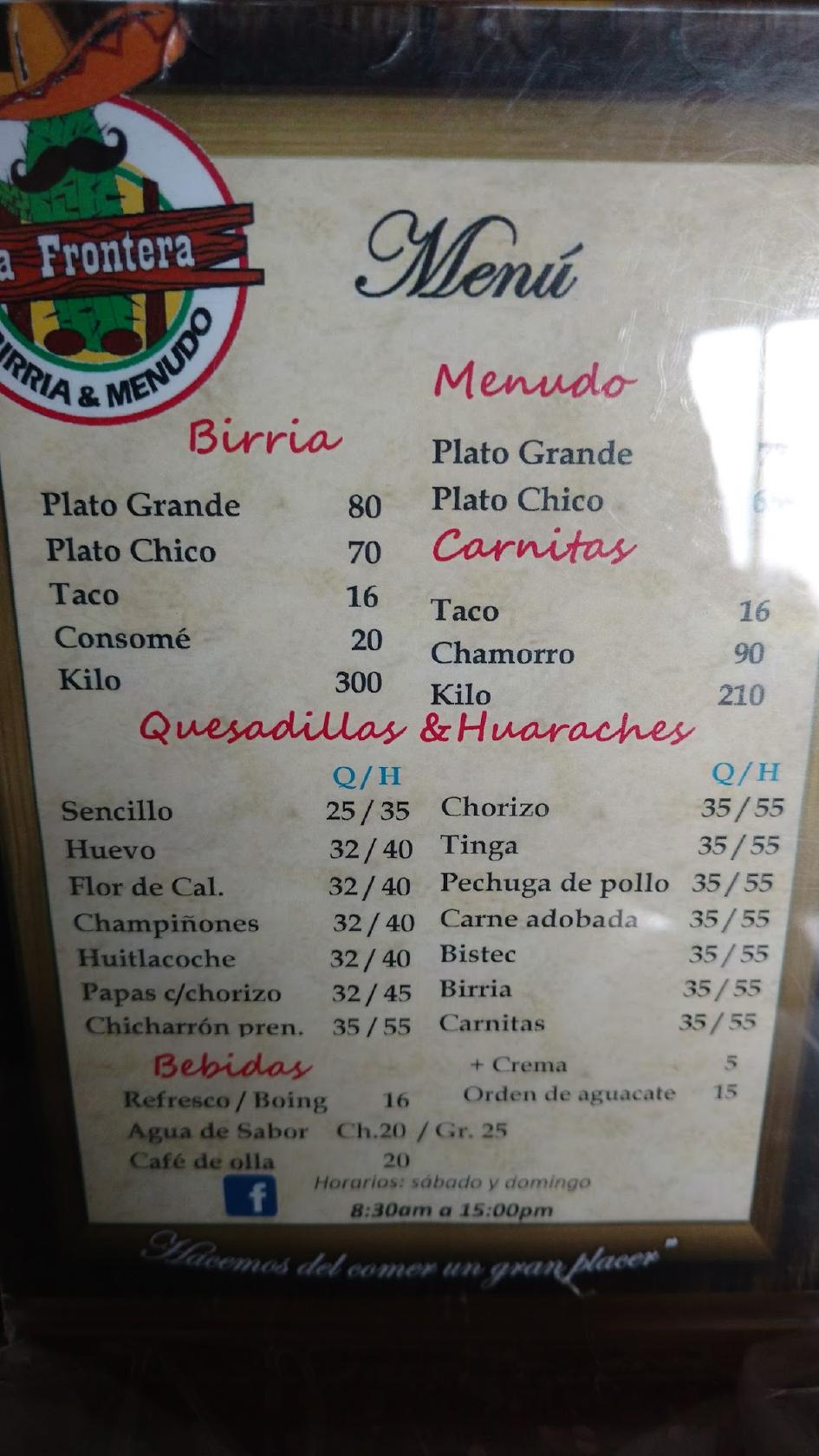 Carta del restaurante La Frontera, Santiago del Querétaro