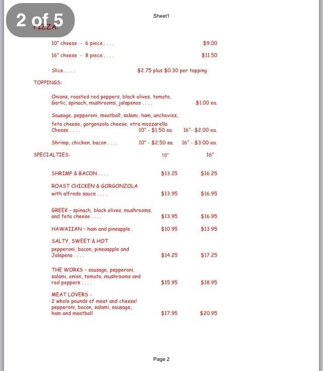 Menu at Mosca's pizzeria, Sunrise Beach Village