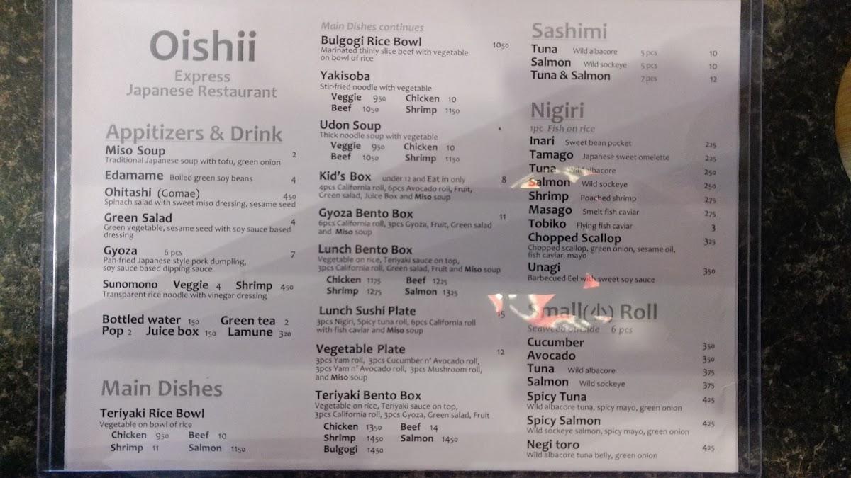 Menu at Oishii Express Japanese Restaurant, Salmon Arm