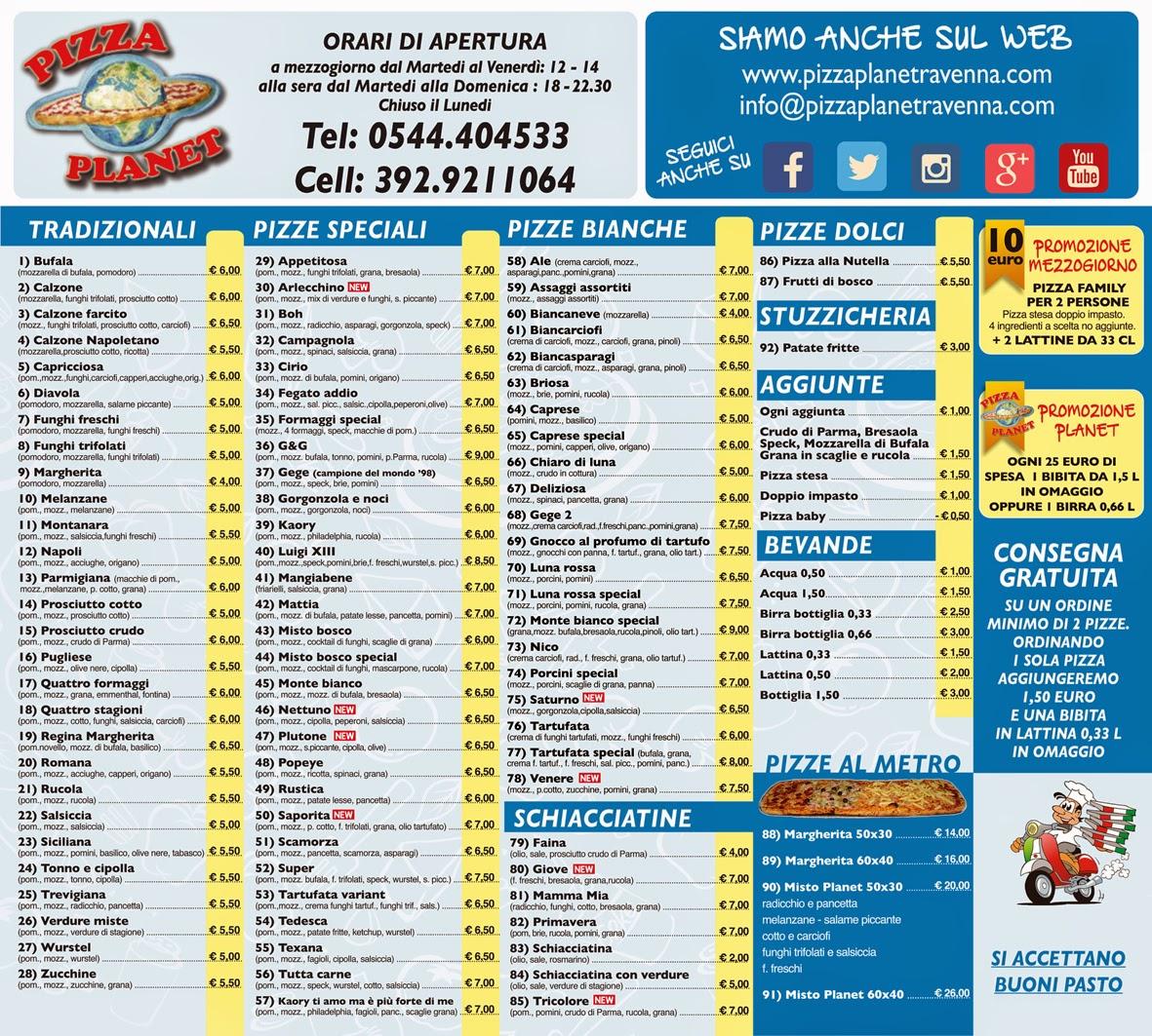 Menu da Pizza Planet pizzeria, Ravenna