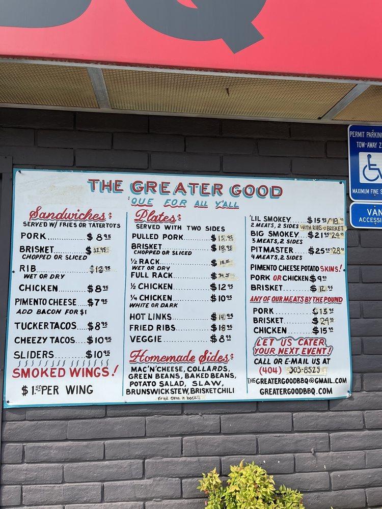 Menu at The Greater Good BBQ, Atlanta, Roswell Rd NE