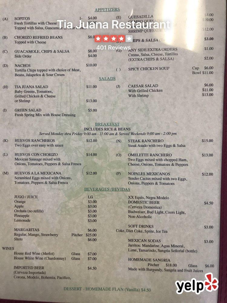 Menu at Tía Juana Grill restaurant, Sunnyvale