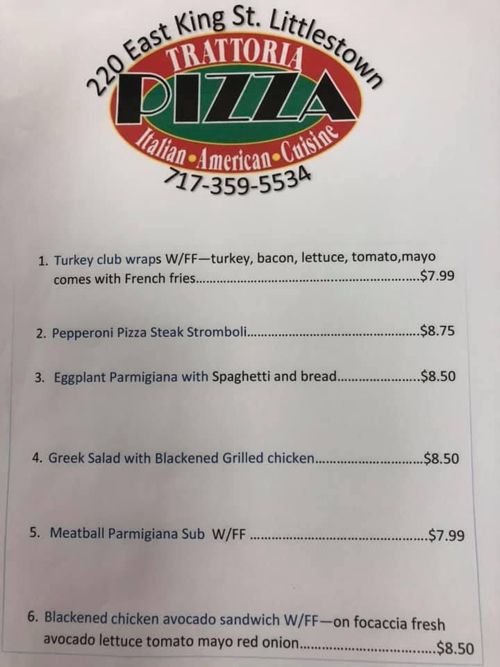 Menu at Trattoria Pizza pizzeria, Littlestown