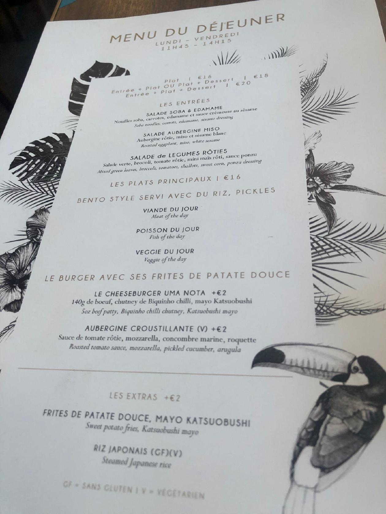 Menu at Uma Nota restaurant, Paris, 86 Rue Réaumur