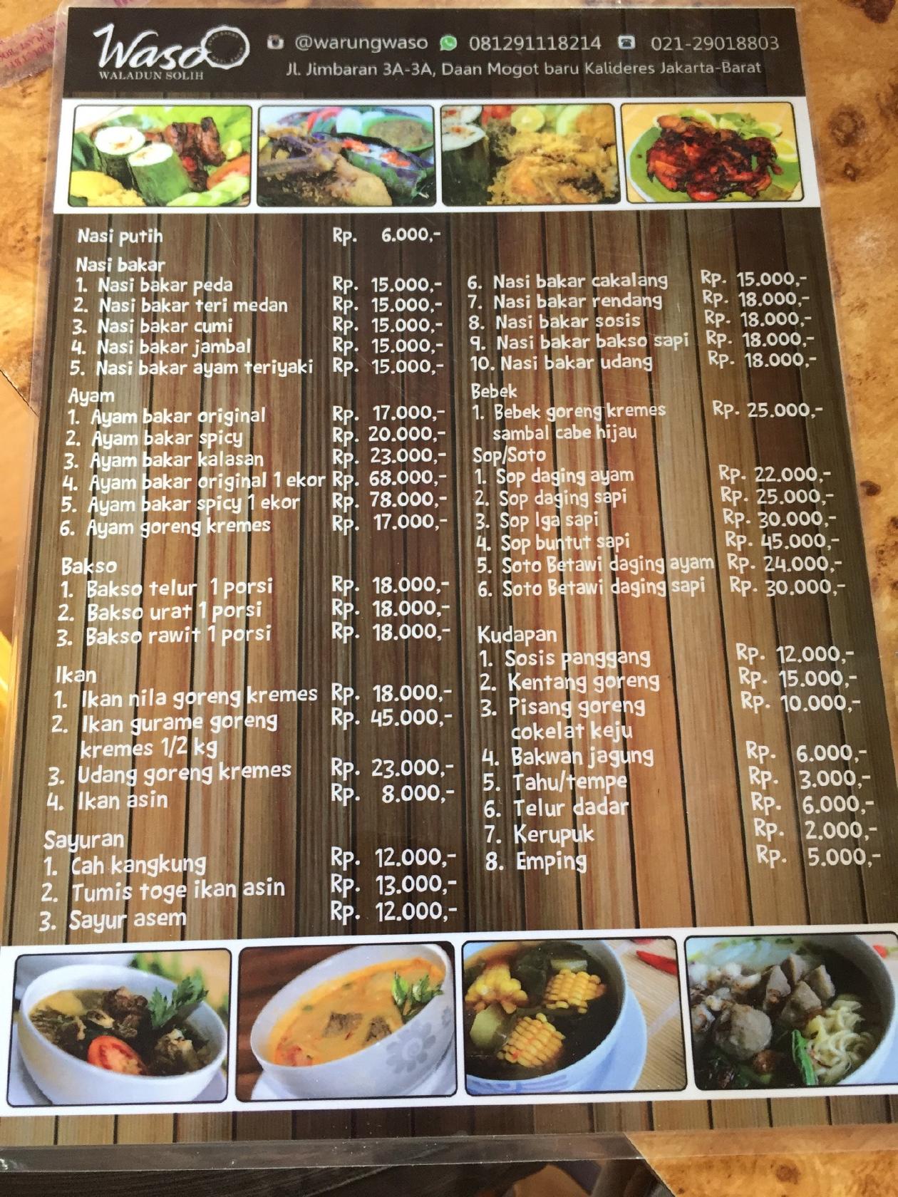 Menu at Dapur WASO restaurant, Jakarta, Jl. Jimbaran 3A