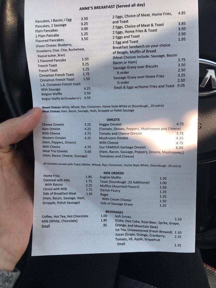 Menu at Anne's Pancakes restaurant, Elmira