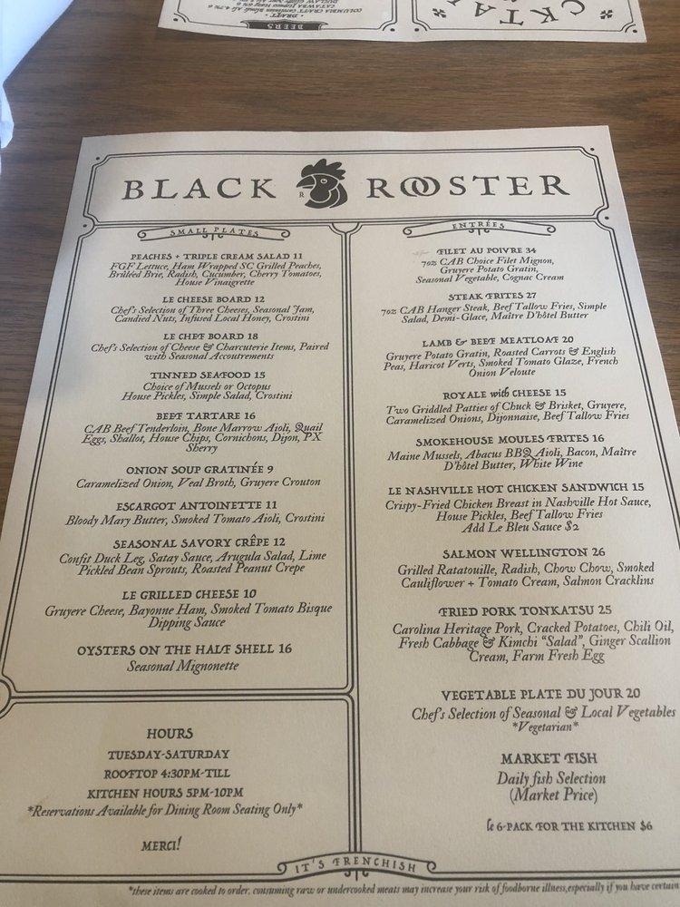 Menu at Black Rooster restaurant, West Columbia