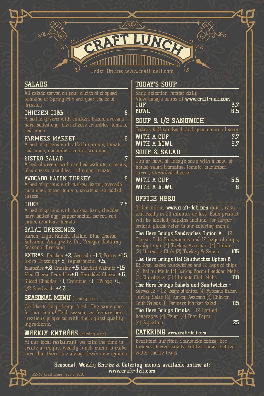 Menu at CRAFT Deli cafe, Denver, S Syracuse St