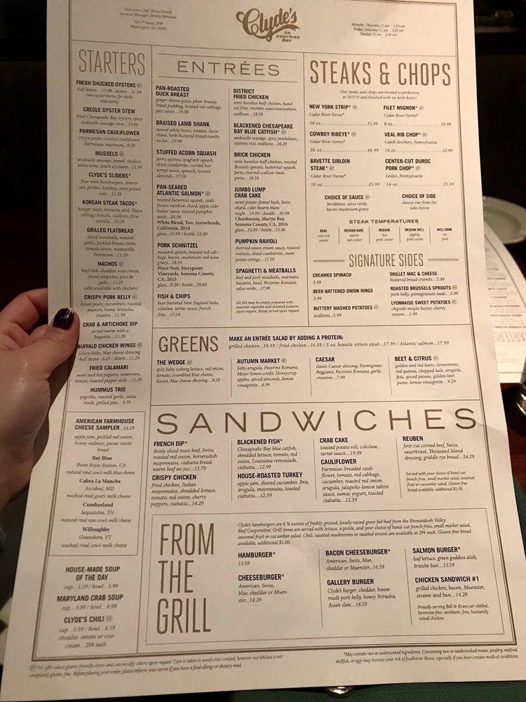 Menu at Clyde's of Gallery Place pub & bar, Washington