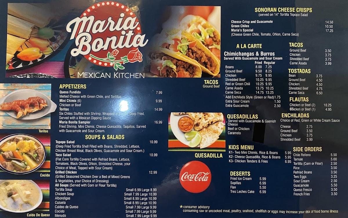 Menu at Maria Bonita Mexican Kitchen restaurant, Tucson